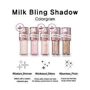 COLORGRAM Milk Bling Shadow - 01 Double Star | Pigmented liquid glitter eyeshadow, Long-lasting shimmer for daily and party makeup, Multi-dimensional sparkling metallic finish, Opaque coverage, Quick drying formula for easy application (0.11 fl.oz, 3.2g)