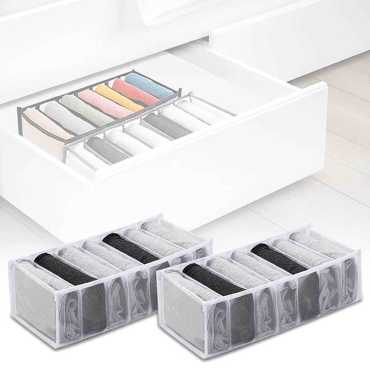 Evankin 2PCS Wardrobe Clothes Organizer - 7-Grid Drawer & Closet Storage Organizer - Nylon Mesh Organizer - Small Size for Leggings, Underwear, Socks (White)