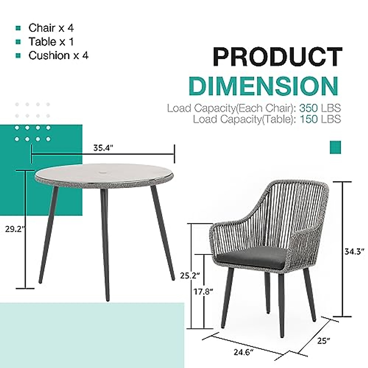 Patiorama 5-Piece Patio Dining Set, Outdoor Dining Table Chair Set, All-Weather Twisted Rattan Wicker Rope Conversation Set, Patio Furniture Set w/Umbrella Hole, 4 Cushioned Chairs&Glass Table(Gray)