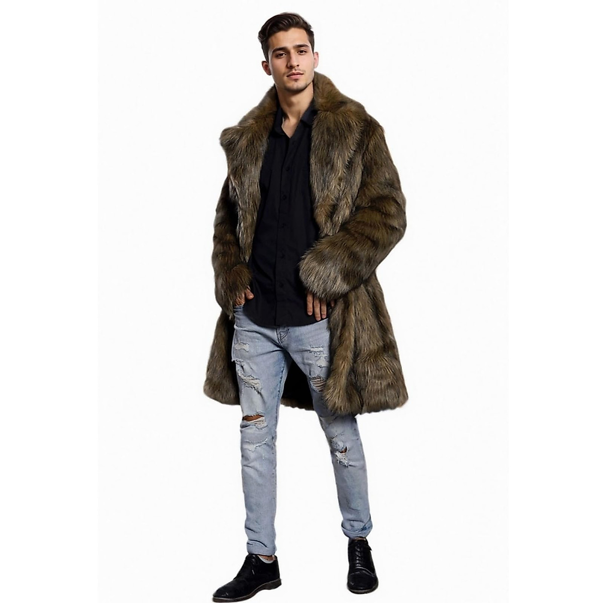 Lafee Bridal Men's Luxury Faux Fur Coat Jacket Winter Warm Long Coats Overwear Outwear (Large, Brown 2)