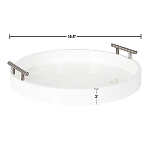 Kate and Laurel Lipton Modern Round Tray, 15.5 inch Diameter, White and Silver, Decorative Accent Tray for Storage and Display