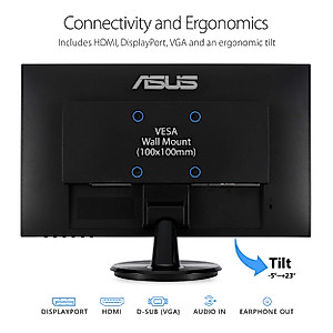 ASUS VA24DQ 23.8” Monitor, 1080P Full HD, 75Hz, IPS, Adaptive-Sync/FreeSync, Eye Care, HDMI DisplayPort VGA, Frameless, VESA Wall Mountable (Renewed)