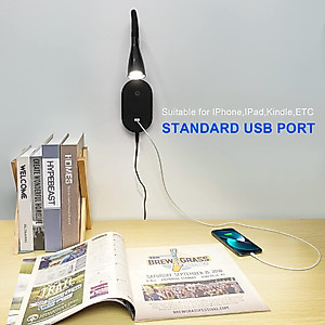 Wall Reading Light, Book Light for Reading in Bed, Touch Control USB Output Modern Reading Lamp,5 Dimmable LED Flexible Gooseneck 4000k Bed Lights, Easy to Install Black