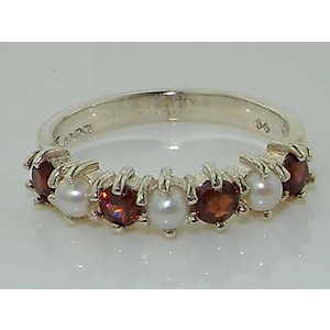 LetsBuyGold 925 Sterling Silver Cultured Pearl & Garnet Womans Eternity Ring - Size 10.25