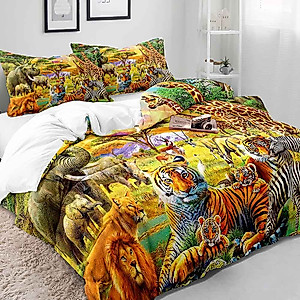 VIVIHOME 2PCS Safari Animal Duvet Cover, Twin Bedding, Boys Kids Bedding, Zoo Jungle Animal Tiger Lion Elephant Zebra Giraffe African Wildlife Wild Animal Comforter Bedspread Quilt Cover, 1 Pillowcase