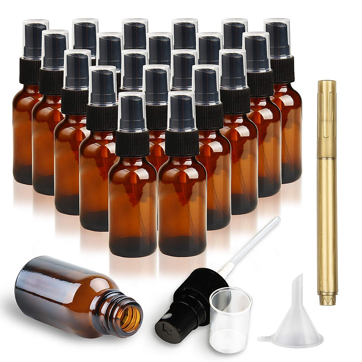 Ruckae Set of 20，1 oz Amber Glass Spray Bottles for Essential Oils, Hair, Water, Empty Small Fine Mist and Refillable Mister-With Funnel and Gold Pen,Black Fine Mist Sprayers