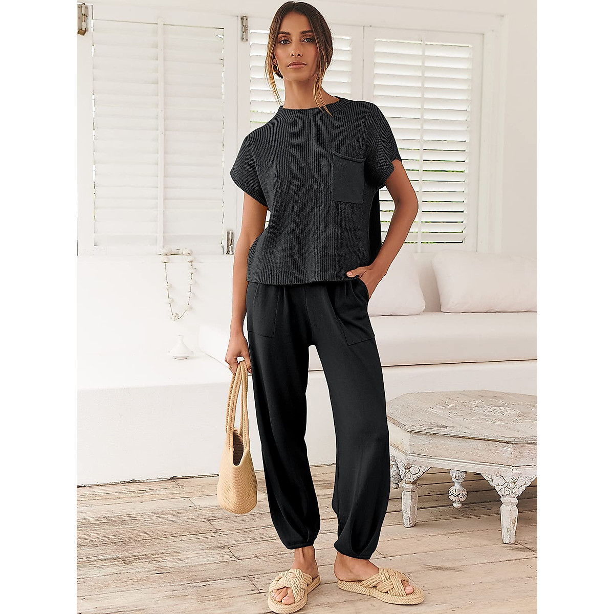 ANRABESS Women's Two Piece Outfits Knit Sweater Vest Crop Top Pants Lounge Matching Tracksuit Sweatsuit Travel Clothes Sets Black Medium