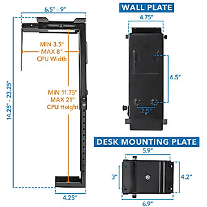 CPU Under Desk Mount Bracket - Computer Tower Wall and Under Counter Holder, 360 Degree Swivel Adjustable Height and Width Wall-Mountable