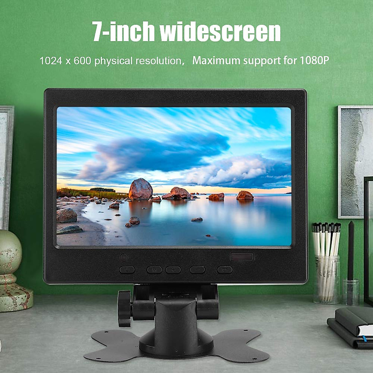 7 inch LCD Monitor, 16:9 800:1 1024x600 250cd/m² LED Backlight Widescreen 1080P HD Monitor Mini Screen w/Speaker,Support HDMI/VGA/AV,for/Car Display/CCTV(US)