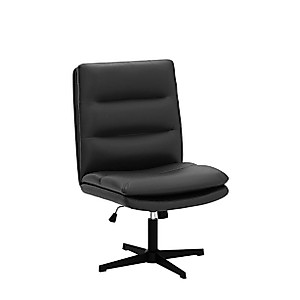 PUKAMI Criss Cross Legged Office Chair,Pu Leather Armless Office Desk Chair No Wheels,Modern Swivel Height Adjustable Wide Seat High Back Computer Task Vanity Chair for Home Office (Black)