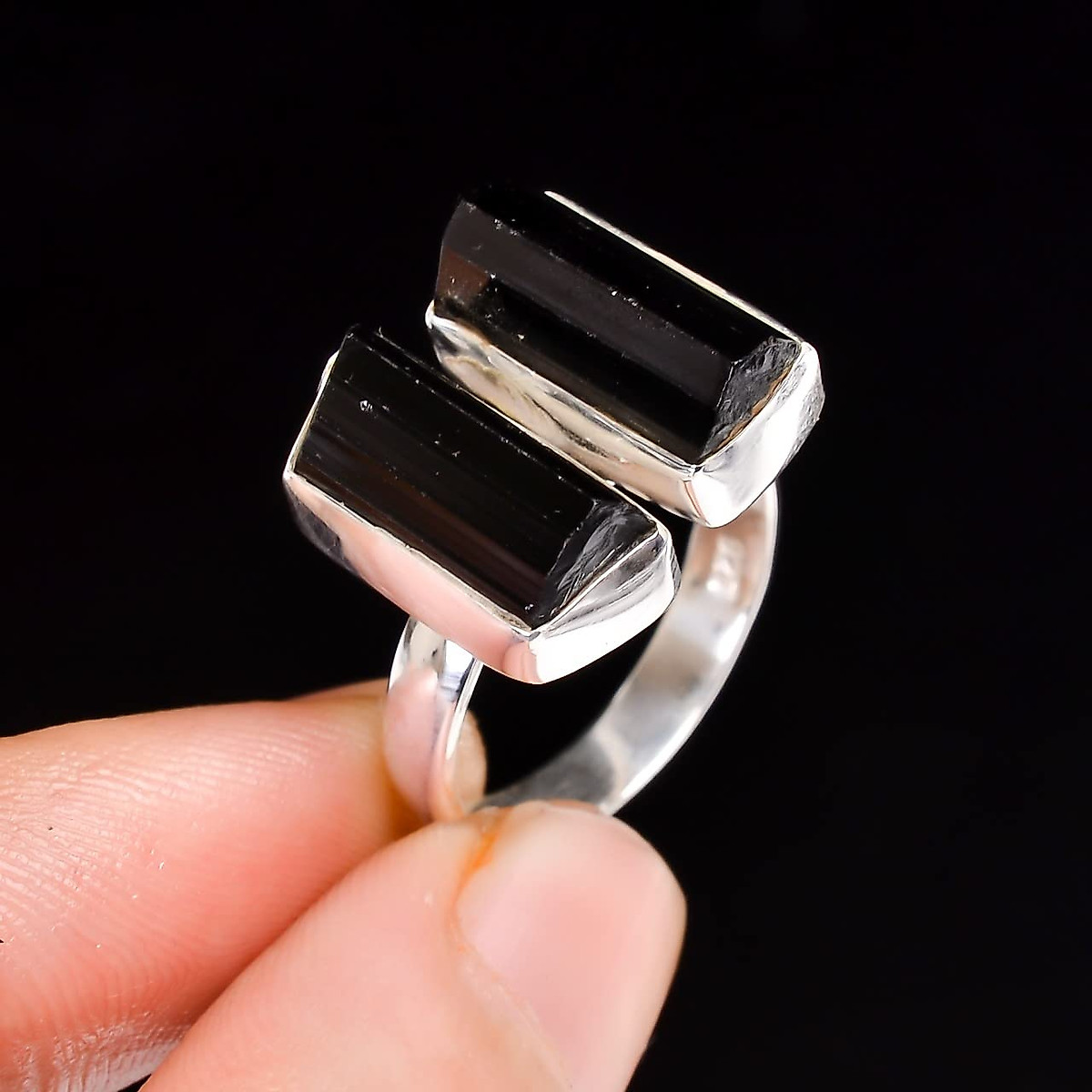 Raw Black Tourmaline Gemstone Twisted October Birthday Stone Rings, 925 Sterling Silver Ring RSR3088 (9)