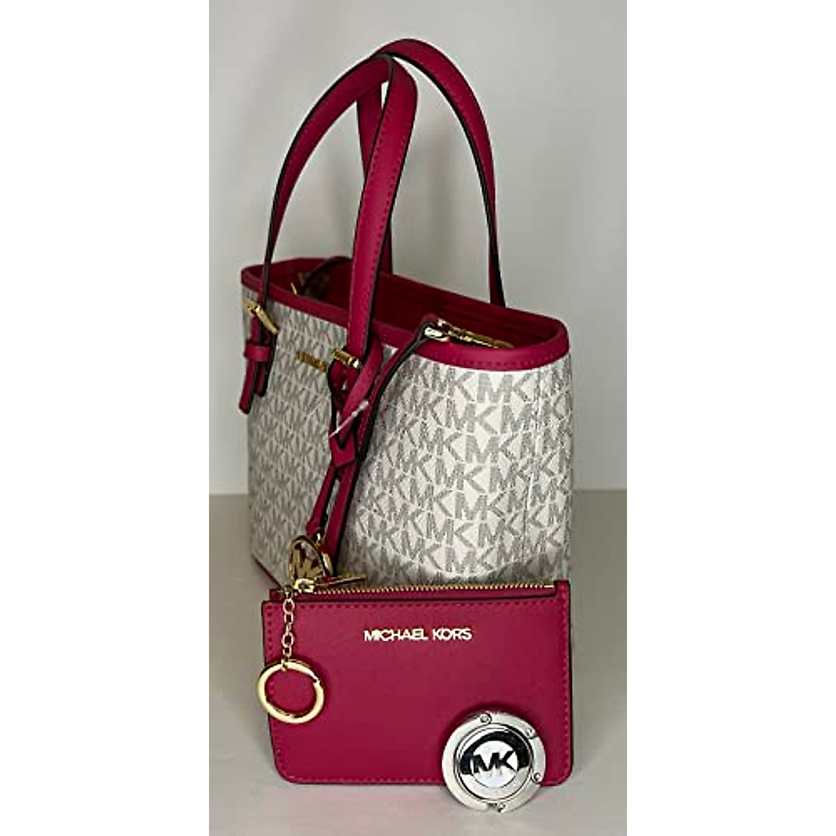 Michael Kors Jet Set Travel XS Carryall Convertible Top Zip Tote bundled with SM TZ Coinpouch and Purse Hook (Carmine Pink MK Multi)
