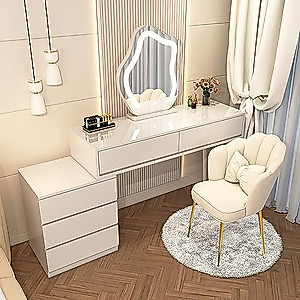 Makeup Vanity Desk with Mirror and Lights, Dressing Table with Movable Cabinet and Drawers,Chair,Vanity Mirror with 3-Color Lighted, Modern Vanity Set for Women Girls for Bedroom (47 inch)