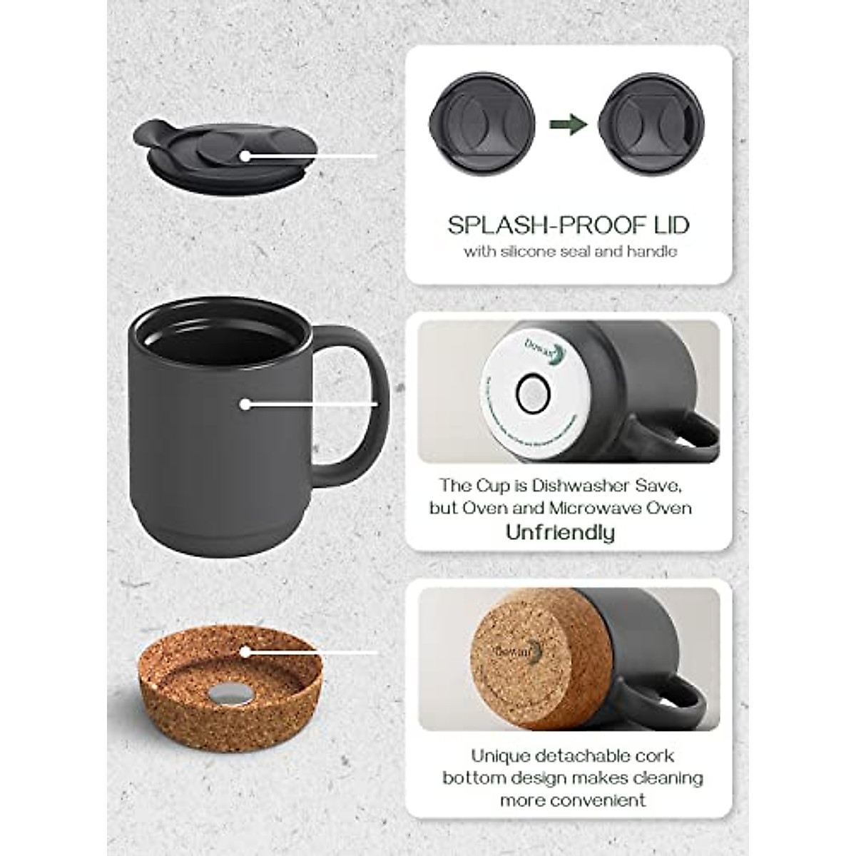 DOWAN Coffee Mugs, 15 oz Mug Set of 2, Large Ceramic Coffee Mug with Cork Bottom and Spill Proof Lid for Men, Women, Big Mug for Coffee Latte, Tea, Gifts for Graduation, Matte Grey