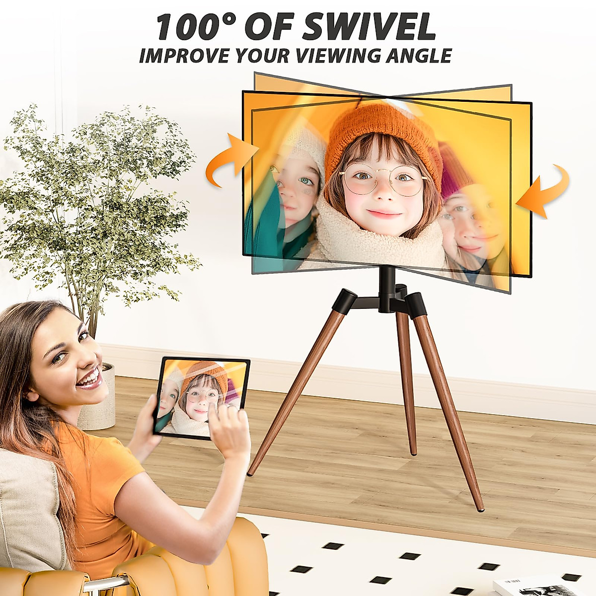 TVON Easel TV Stand with Tripod Base for 37–65 Inch Flat/Curved Screen TVs up to 77 lbs, Height Adjustable TV Floor Stand with Cable Ties and 100° Swivel for Bedroom, Living Room, Studio, Brown