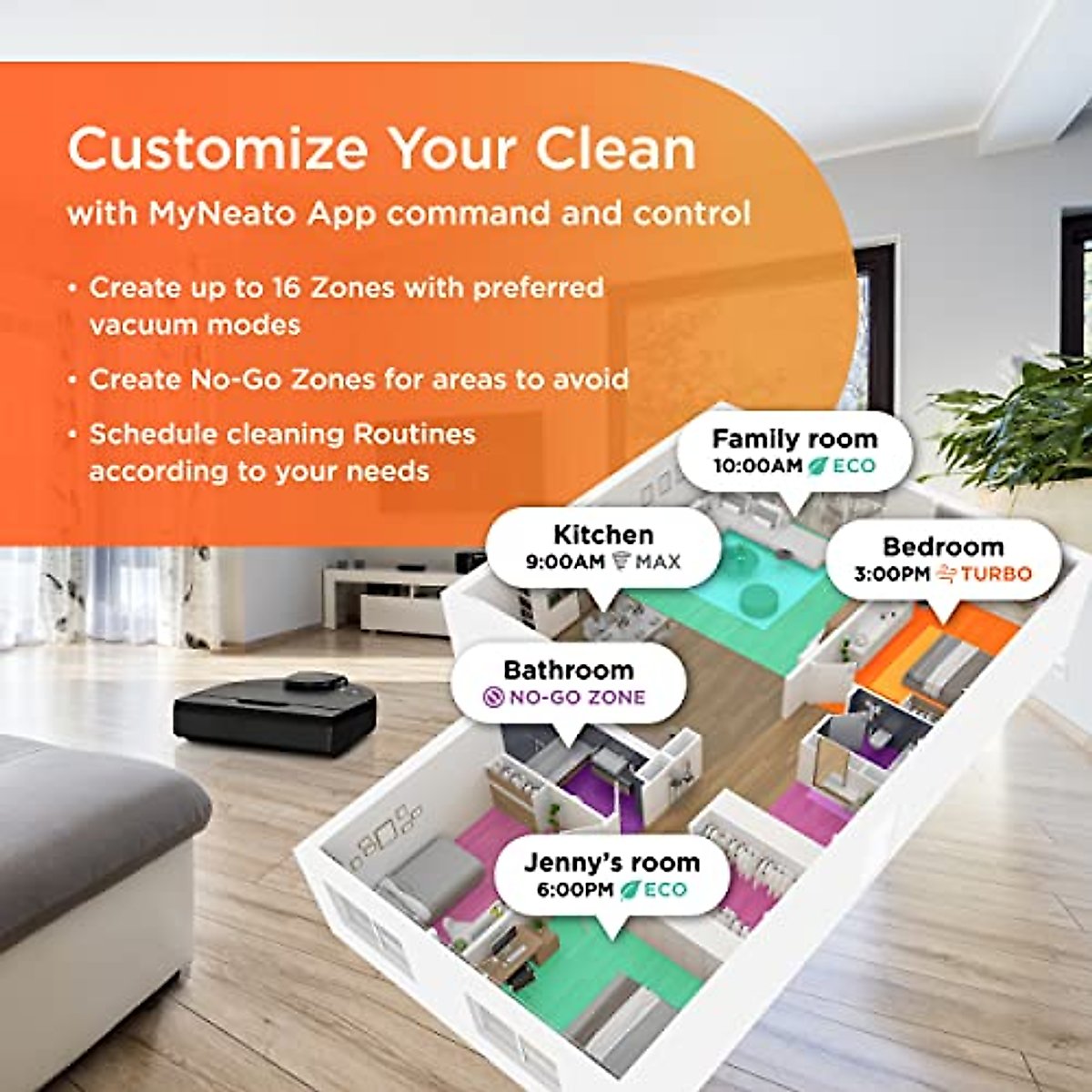 Neato D9 Intelligent Robot Vacuum Cleaner–LaserSmart Nav, Smart Mapping, Cleaning Zones, WiFi Connected, 200-Min Runtime, Powerful Suction, Turbo Clean, Corners, Pet Hair, XXL Dustbin, Alexa. 945-0445