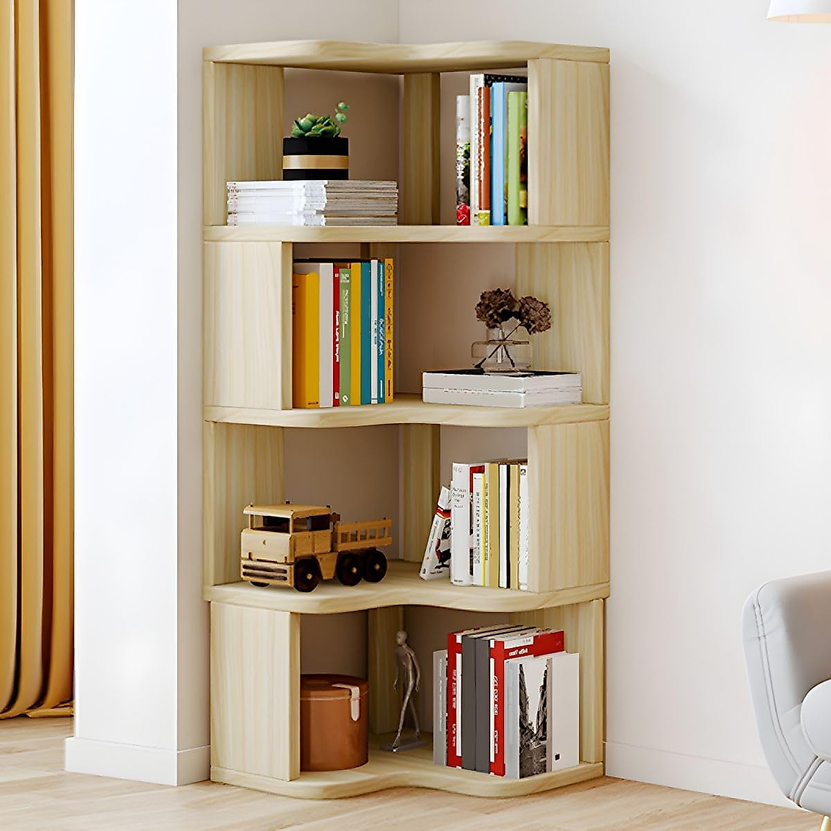 CraftThink Wood Modern Corner Shelves, Corner Bookshelf Stand Bookcase Unit Tall Corner Shelf with Open Back and Multiple Shelves for Living Room Bedroom Home Office, Natural 5-Tier