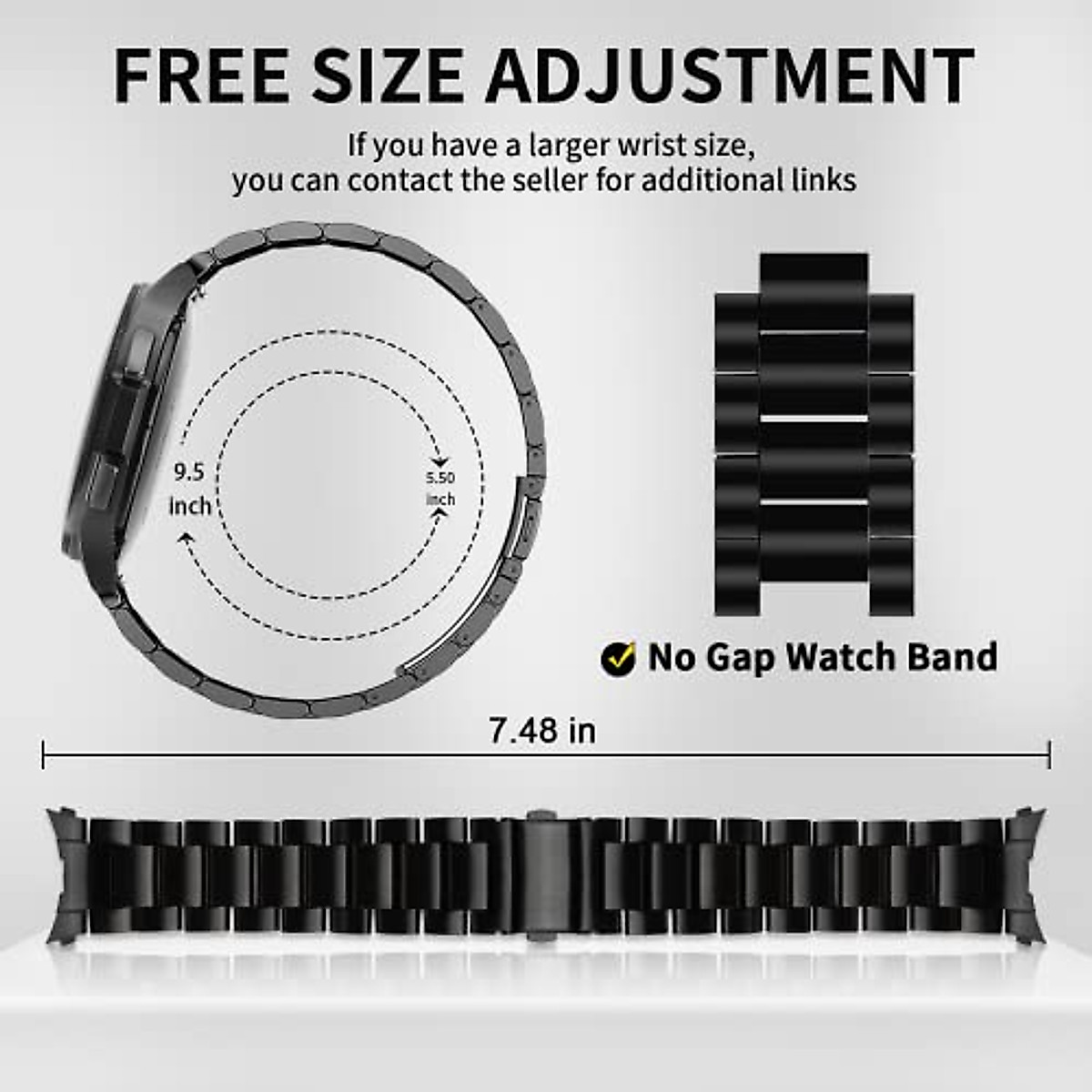 Samsung Galaxy Watch 6 Band Classic 43mm 47mm 40mm 44mm, Samsung Galaxy Watch 5 Band Pro 45mm 40mm 44mm, Samsung Galaxy Watch 4 Band Classic 40mm 44mm 42mm 46mm, No Gap Band Men Solid Stainless Steel (43/47/45/40/44/42/46mm, Black)