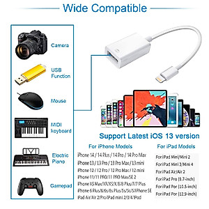 Naiyal Lightning to USB Camera Adapter, Apple MFi Certified USB OTG Cable Converter for iPhone 14 13 12 11 Pro Max XS XR X 8 iPad, Support Camera, Card Reader, USB Flash Drive, MIDI Keyboard (White-1)