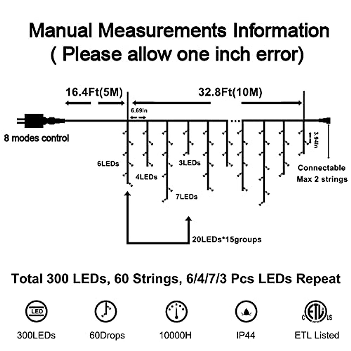 Blingstar Icicle Lights 32.8Ft 300 Led 8 Modes Christmas Lights Plug in Warm White String Lights for Christmas Wedding Party Home Garden Bedroom Indoor Outdoor Decoration