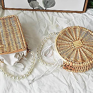 Mokyler Pearl Rattan Handbag Beach Rattan Bag, Cute Handwoven Straw Pearl Handle Brown Basket Wedding Flower Girl Baskets White Polyester Insert Portable Storage Basket for Party Decor, 5.9x5.9 inch