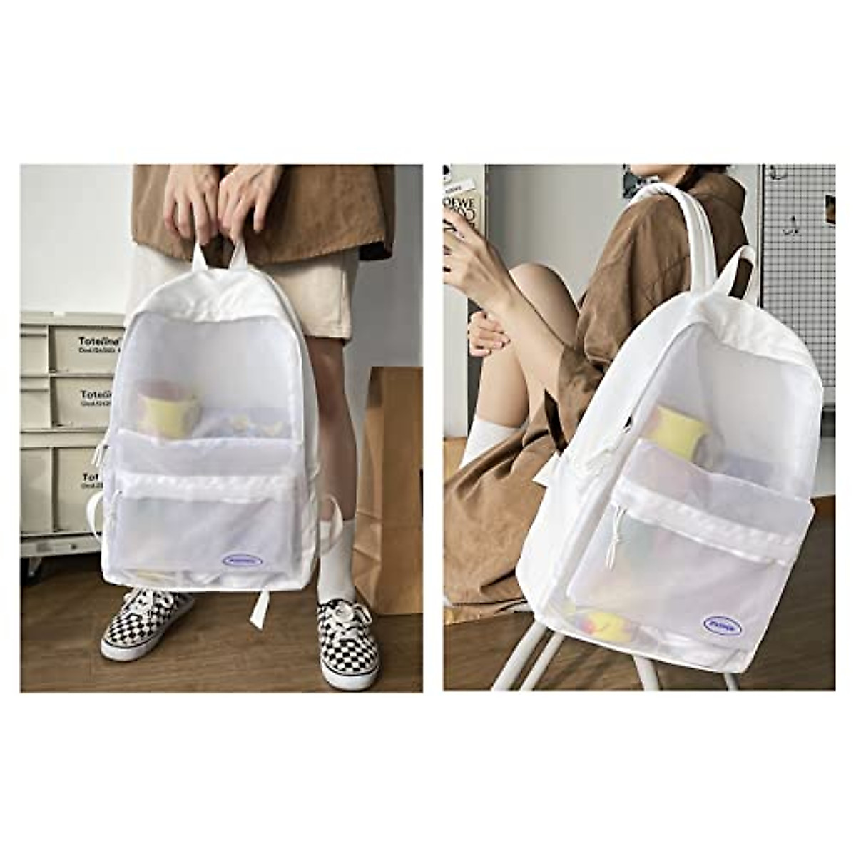 Durable Semi-Mesh Backpack for School Student Stadium Approved Lightweight See Through Travel Casual Summer Large Bag (White)