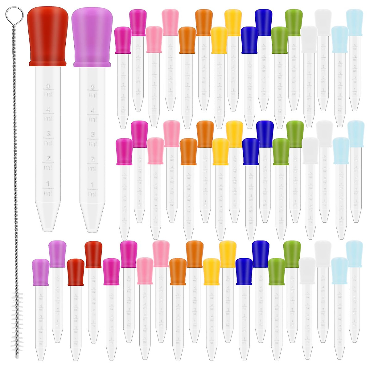 CXIIPOL 60PCS 5ml Liquid Dropper with a Clean Brush, 10 Color Silicone Liquid Dropper with Bulb Tip, Clear Eye Dropper Medicine Dropper for Kid Crafts Mold Gummy Making Kitchen Oil Science