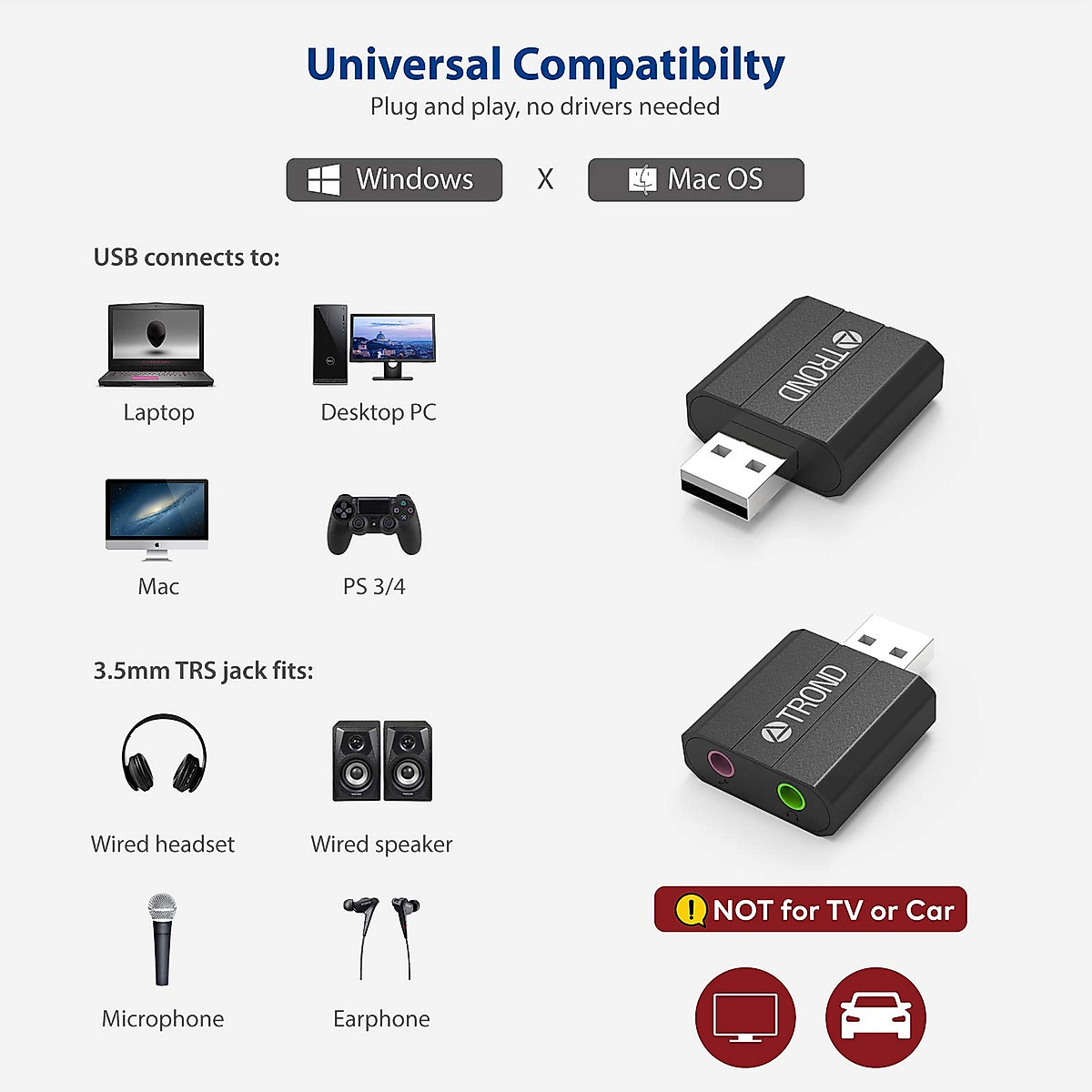 TROND Aluminum External USB Audio Adapter Sound Card with 3.5mm Stereo Headphone and Mono Microphone Jacks, C-Media CM100B Chipset, Compatible with PS5 PS4 Windows Mac Linux PC Laptop Desktop, Black