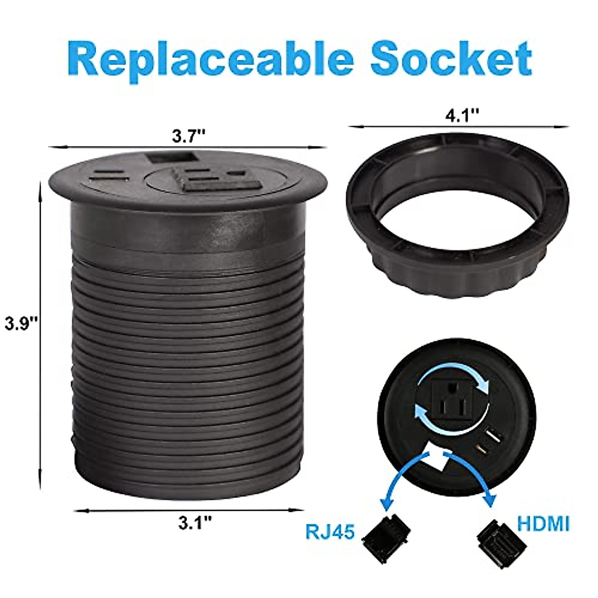 E-Macht 2 PCS of Desktop Power Grommet Outlet Conference Recessed Power Socket with AC Outlet, USB A/C(Type-C) & Replaceable Outlet(CAT 6, HDMI), 6 Ft Extension Cord for Home Office Library Table