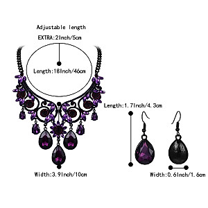 BriLove Women's Tribal Ethnic Crystal Chunky Statement Necklace Dangle Earrings Set Purple Black-Tone