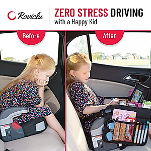 ROVICLU Car Seat Travel Tray for Kids - Carseat Trays Accessories, Toddler Activity Table, Road Trip Essentials - Shoulder Strap Pad, Erasable Board, Smartphone/Table Stand.