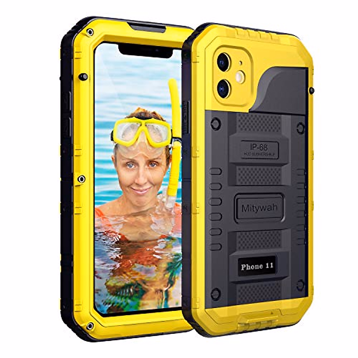 Mitywah Waterproof Compatible with iPhone 11 Heavy Duty Military Grade Shockproof Cover Built-in Screen Protection, Metal Case Full Body Dustproof Strong Rugged Thick for iPhone 11, Yellow