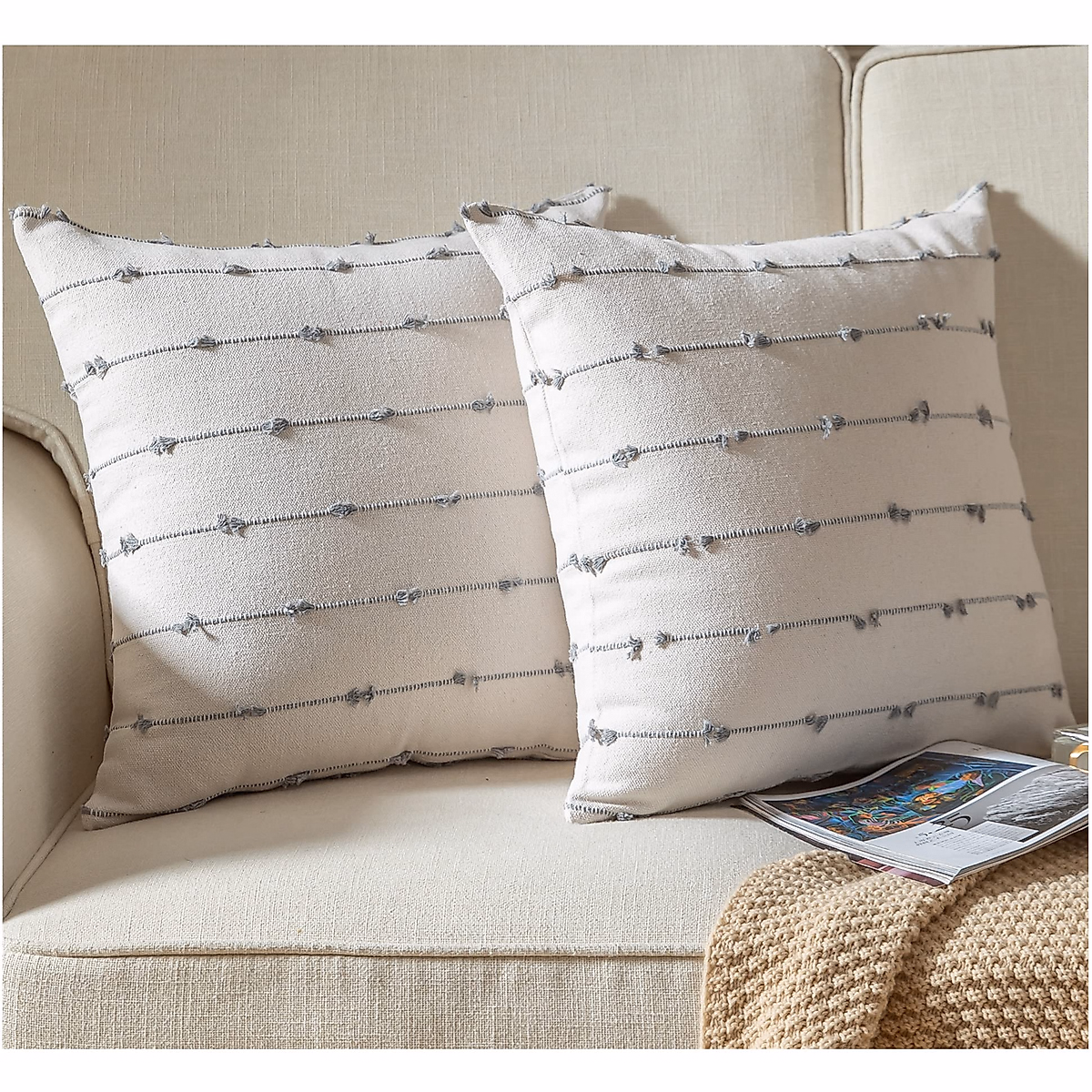 Caflife Boho Throw Pillow Covers 20x20 inches Beige and Grey, Set of 2 Modern Farmhouse Decorative Pillow Covers for Couch Bed, Living Room