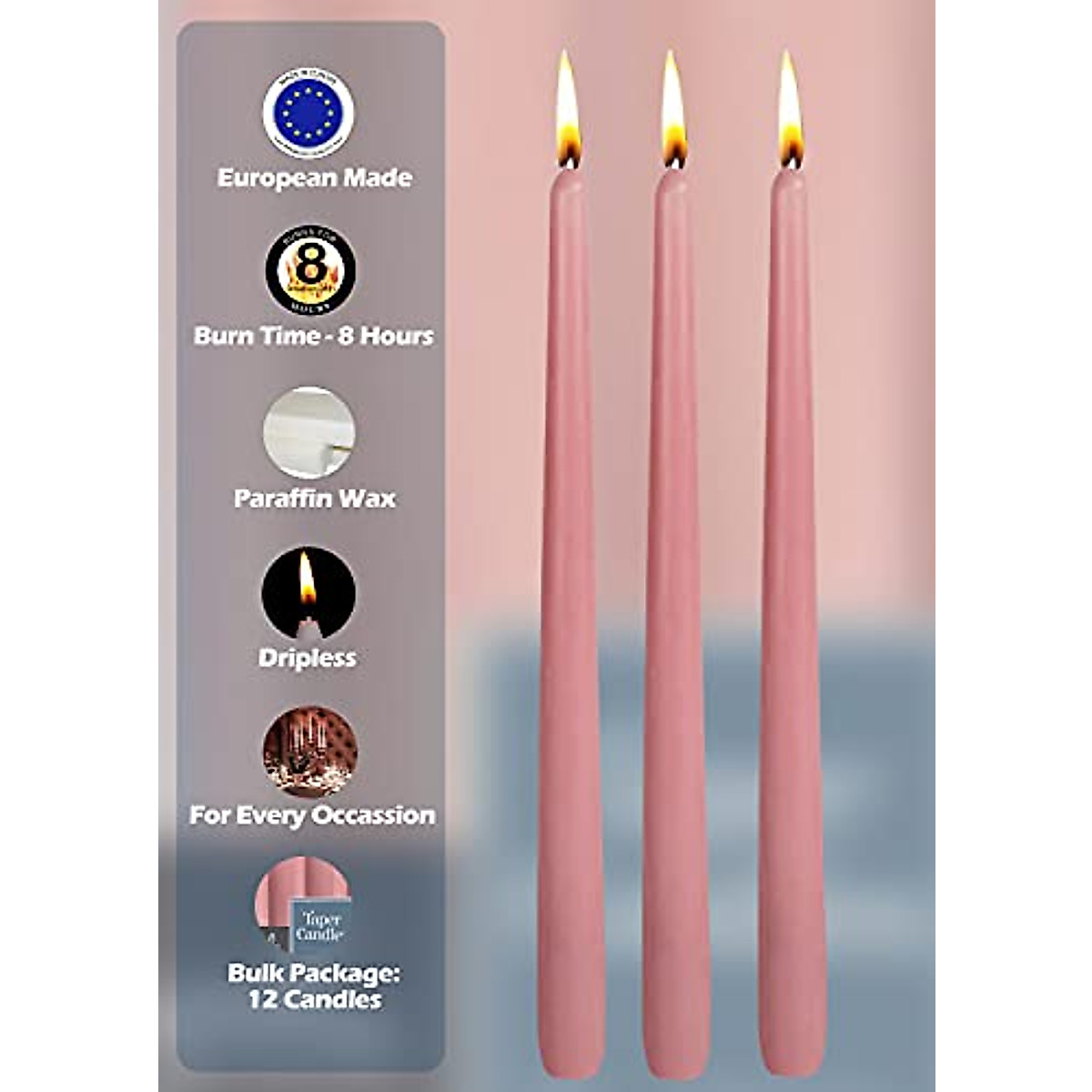12 Pack Tall Taper Candles - 10 Inch Rose Pink Dripless, Unscented Dinner Candle - Paraffin Wax with Cotton Wicks - 8 Hour Burn Time