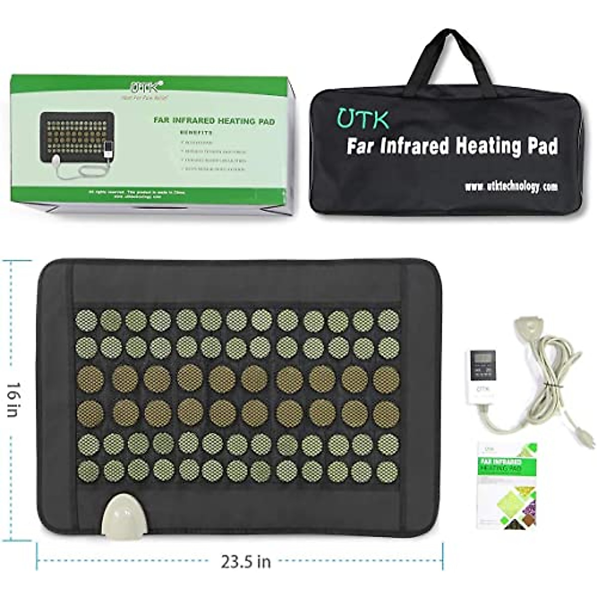 UTK Far Infrared Natural Jade and Tourmaline Heating Pad for Back, Small Pro (23.5”X16”), Smart Controller with Memory Function, Auto Shut Off and Travel Bag Included