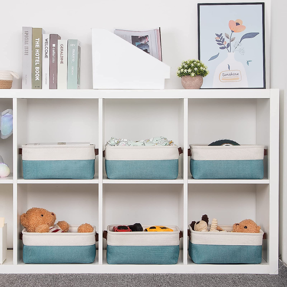 HNZIGE Fabric Storage Baskets for Organizing Small Baskets for Shelves, Laundry, Nursery, Closets, Decorative Baskets for Gifts Empty (White&Teal)