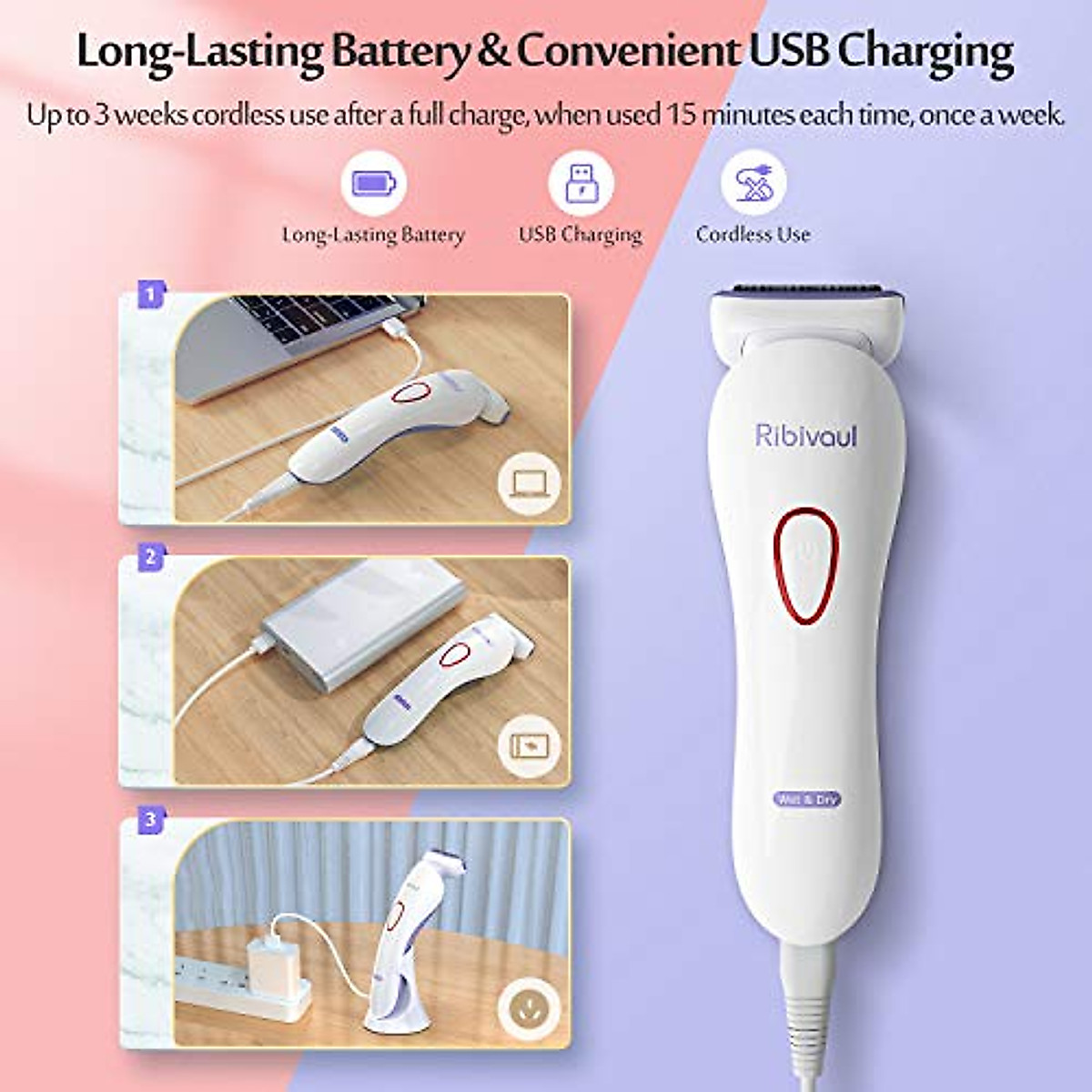 Electric Shaver for Women, Ribivaul Women's Electric Razor for Legs and Underarms, Cordless Ladies Electric Razor for Women Pubic Hair, 3-Blade in 1 Foil Shaver and Bikini Trimmer, Wet & Dry Use, Blue