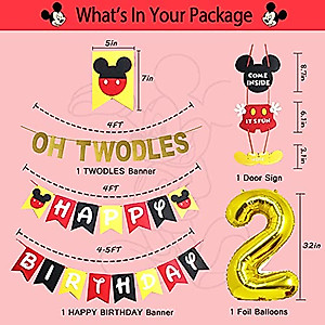 Cartoon Mouse 2nd Birthday Party Supplies - Oh Twodles Theme Party Decorations Includes Felt Banner,Welcome Hanger Door Sign, Tablecloth,Cake Cupcake Toppers,Mouse Head Balloons, 12" Latex Balloon, Confetti Balloon