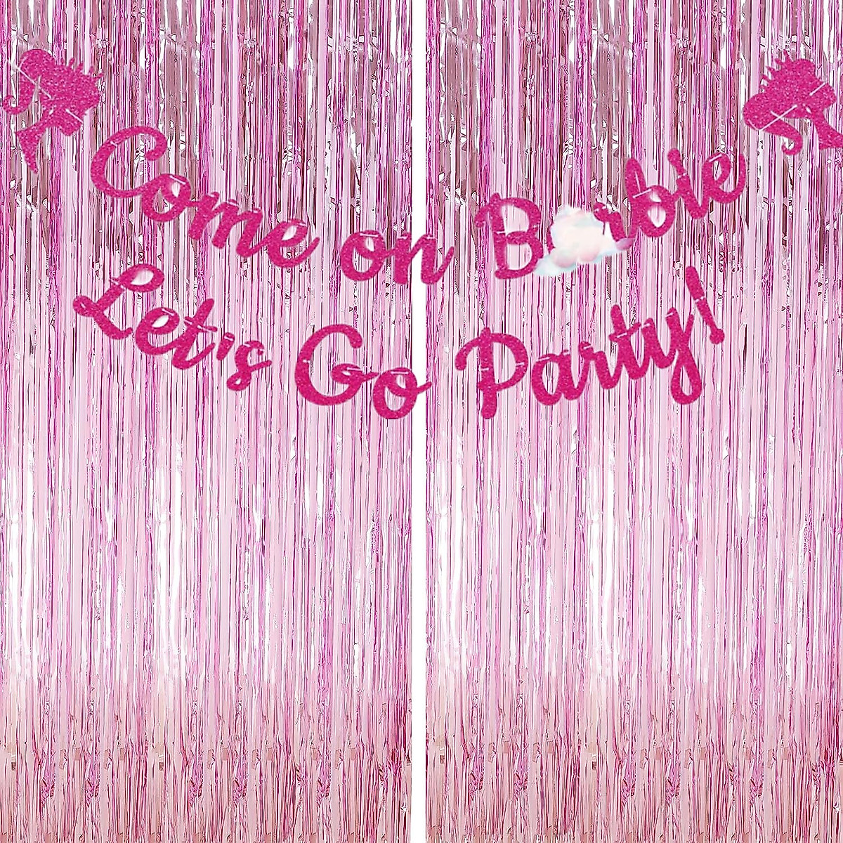 Come on, Let's Go Party Banner with Fringe Curtains, Pink Bachelorette Party Decorations, Pink Themed Bachelorette Backdrop Disco Party Decorations Pink Glitter (Metallic Pink)