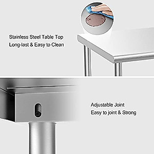 ROVSUN 48'' x 24'' Stainless Steel Table for Prep & Work,Commercial Worktables & Workstations,Heavy Duty Metal Table with Adjustable UnderShelf for Kitchen, Restaurant,Home,Hotel,Outdoor