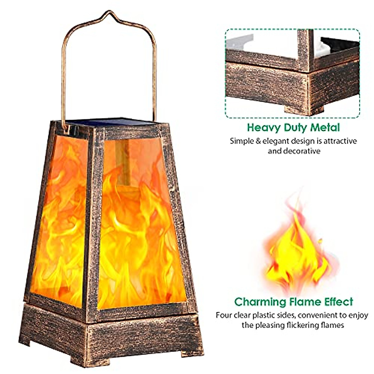 TomCare Solar Lantern Outdoor Waterproof Flickering Flame Metal Hanging Solar Lights Decorative Outdoor Lanterns Solar Powered LED Flame Lights Outdoor Decorations for Patio Garden Yard Deck, 2 Pack