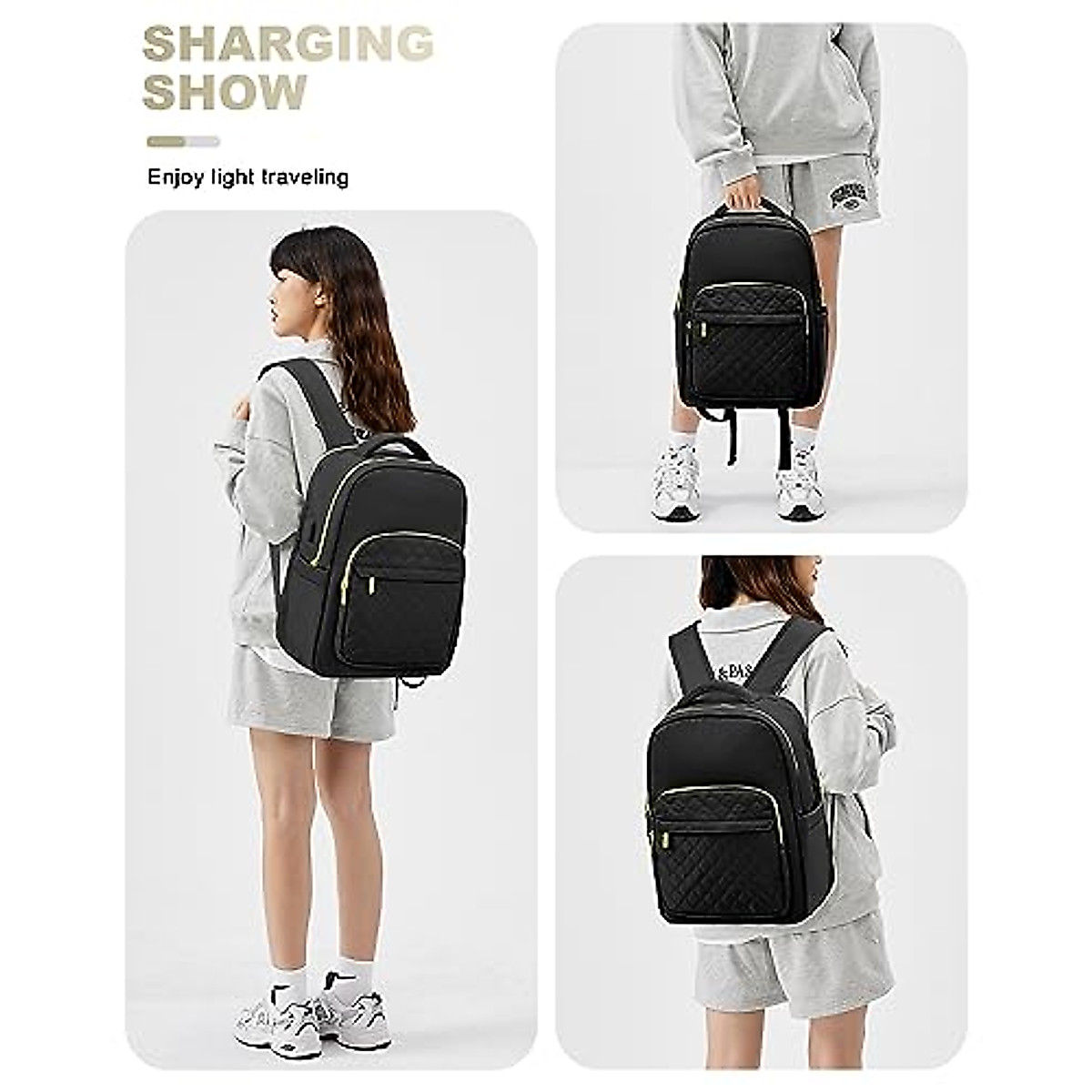 livbote Light Flight Travel Laptop Backpack Women, Mochilas para Mujer, Nurse Quilted Backpack, Water-repellent Small Backpack with USB Charging Port, Black