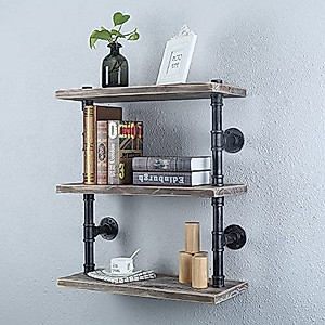 Industrial Pipe Shelf Wall Mounted,3 Tier Rustic Metal Floating Shelves,Steampunk Real Wood Book Shelves,Wall Shelving Unit Bookshelf Hanging Wall Shelves,Farmhouse Kitchen Bar Shelving(24in)
