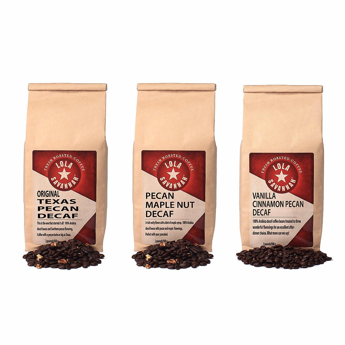 Lola Savannah Texas Pecan Maple Nut and Vanilla Cinnamon Bundle Whole Bean Decaf Coffee, 2lb, 1 Pack