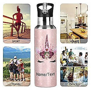 Custom Pink Unicorn Double Stainless Steel Insulated Water Bottle with Straw Lid, 20 oz, Customizable with Name/Text
