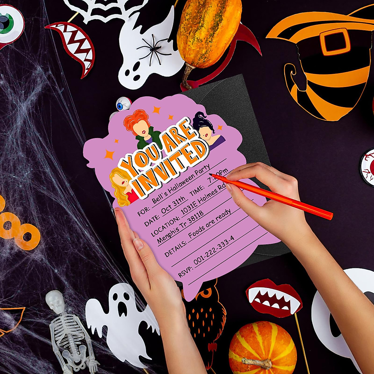 SICOHOME Halloween Party Invitations - 12pcs 5"x7" Halloween Birthday Invitations with Envelopes for Kids Adult Baby Shower Halloween Greeting Cards Hocus Pocus Invitations Party Favors Supplies