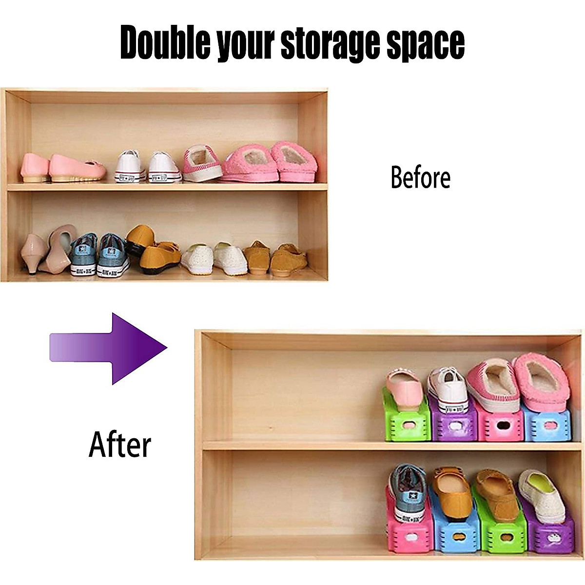 RISETEX Shoe Slots Organizer 12 Pack, Adjustable 4 Level Shoe Space Savers, Double Deck Shoe Rack Holder for Closet, White