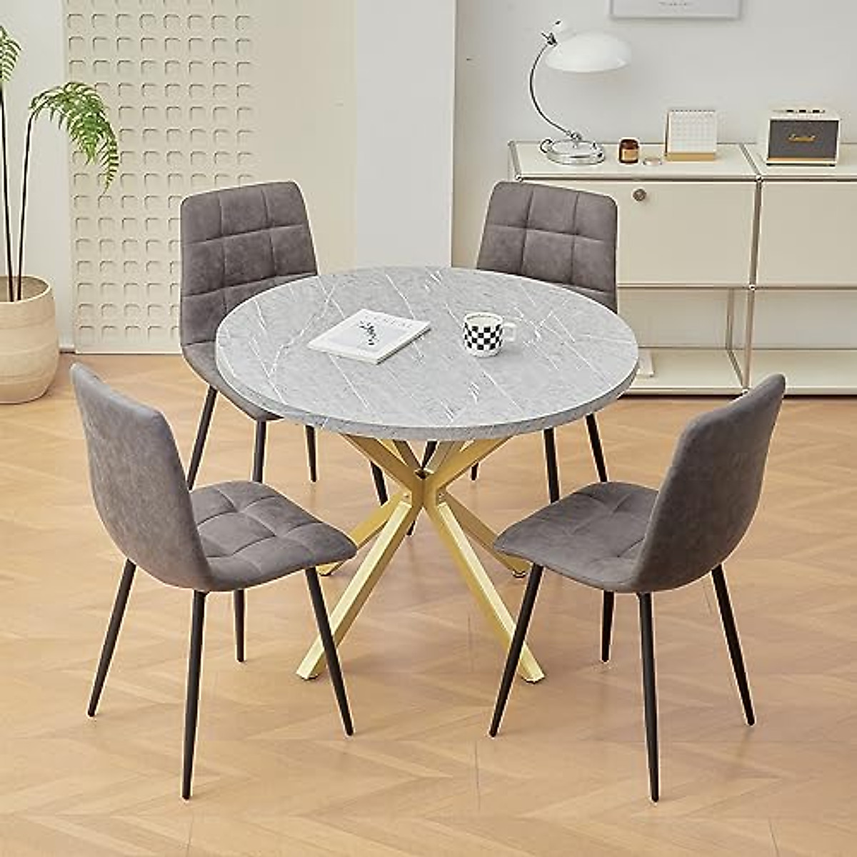 Round Dining Table, Modern Marble Kitchen Dining Table with Four Metal Legs, Marble Top Dining Table for Indoor Use Side Table for Kitchen Restaurant Living Room Casual Cafe（Grey）