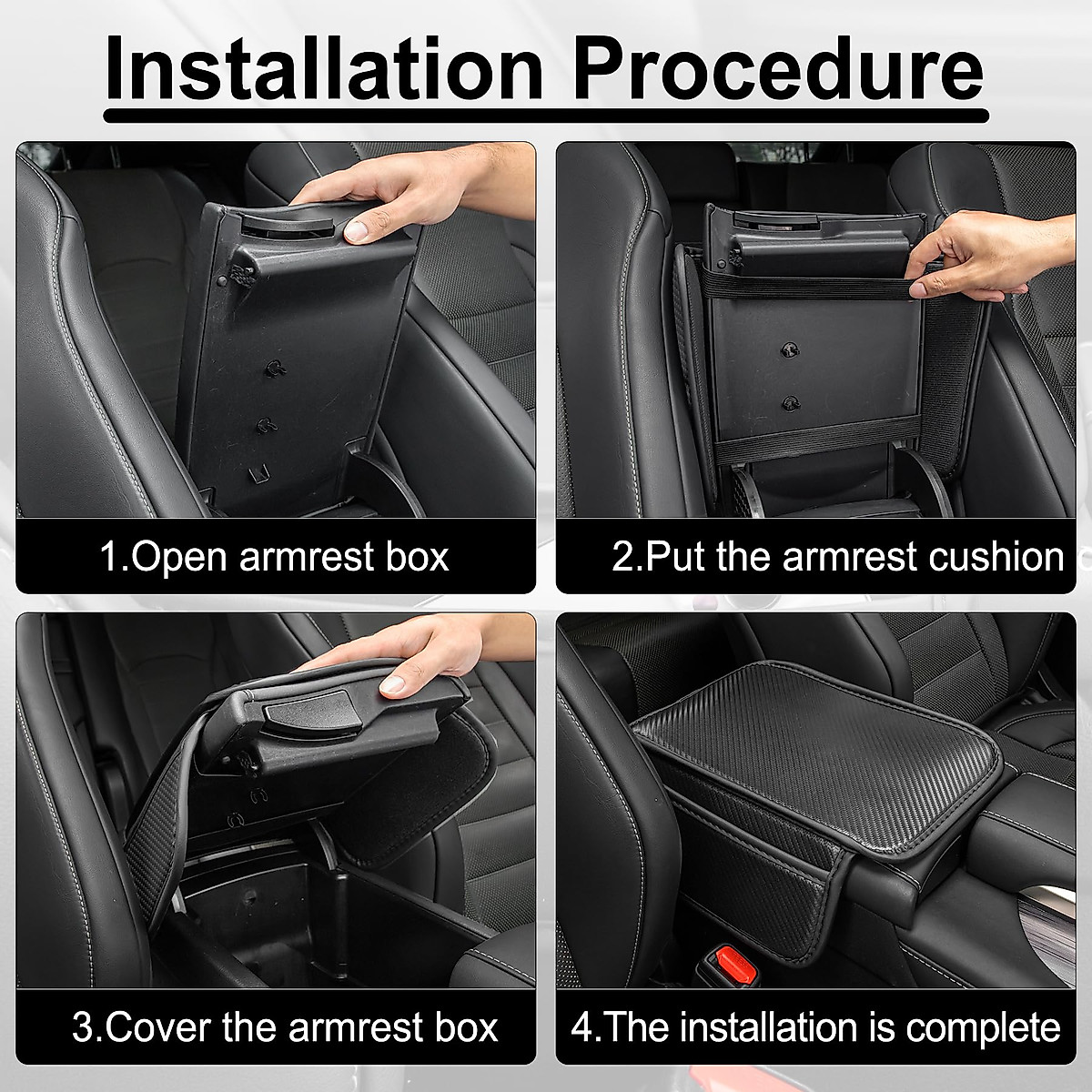 Amiss Auto Center Console Pad, Carbon Fiber PU Leather Armrest Storage Box Cover with Pockets Storage Bag, Car Interior Accessories, Universal Car Armrest Cushion for Most Vehicle, SUV, Truck (Black)