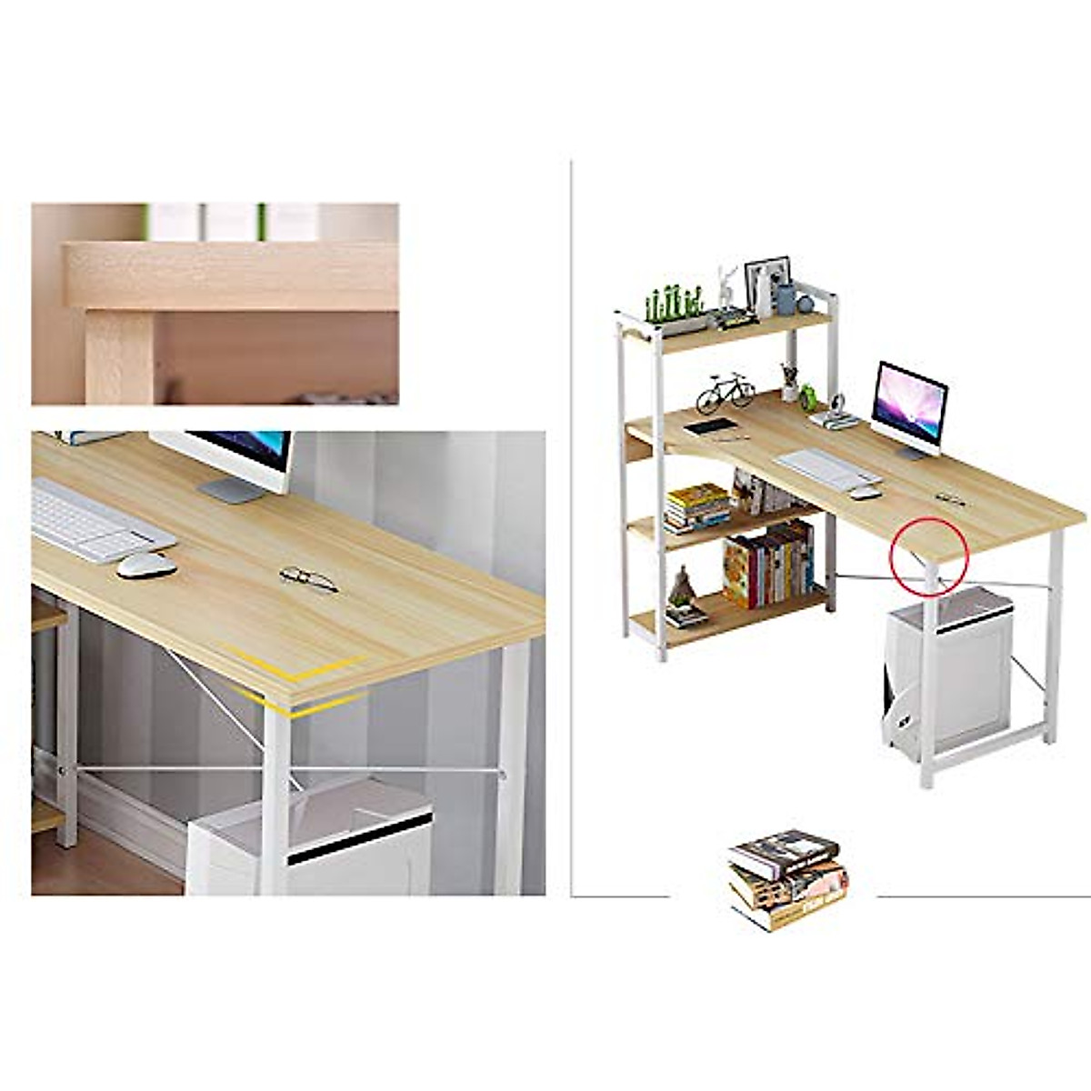 Multipurpose Computer Desk with 4 Tier Bookshelves,Modern Writing Table Home Office Desk,Compact Gaming Desk Pc Laptop Table Workstation